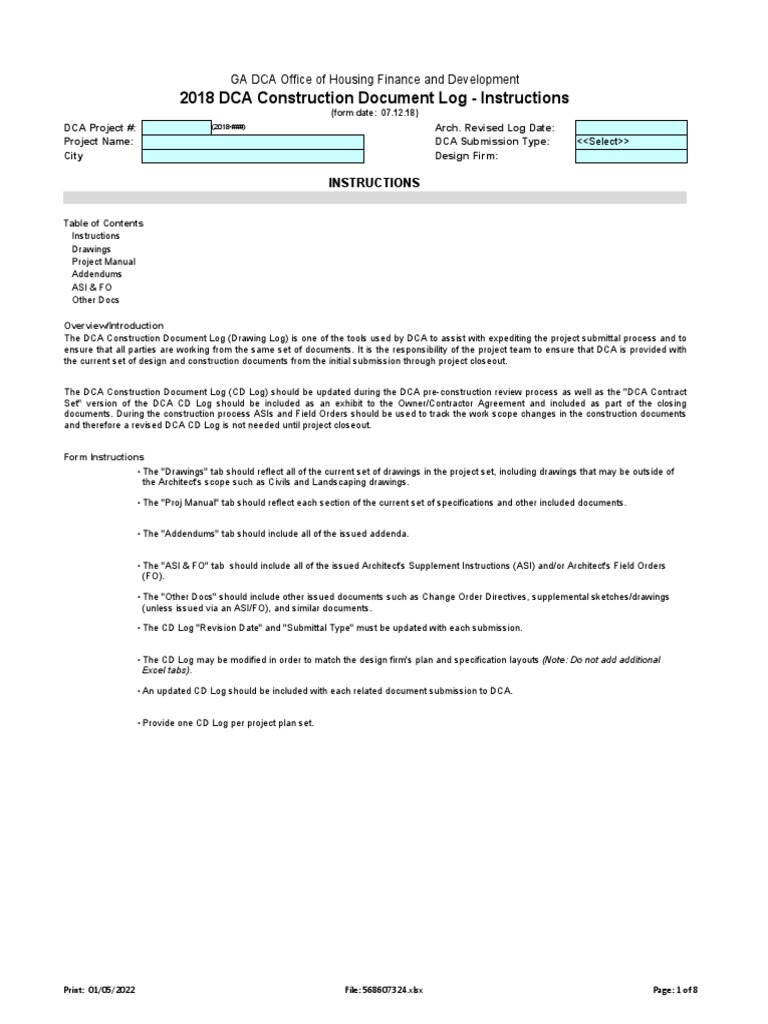 2018 DCA Construction Document Log - Instructions: GA DCA Office of ...