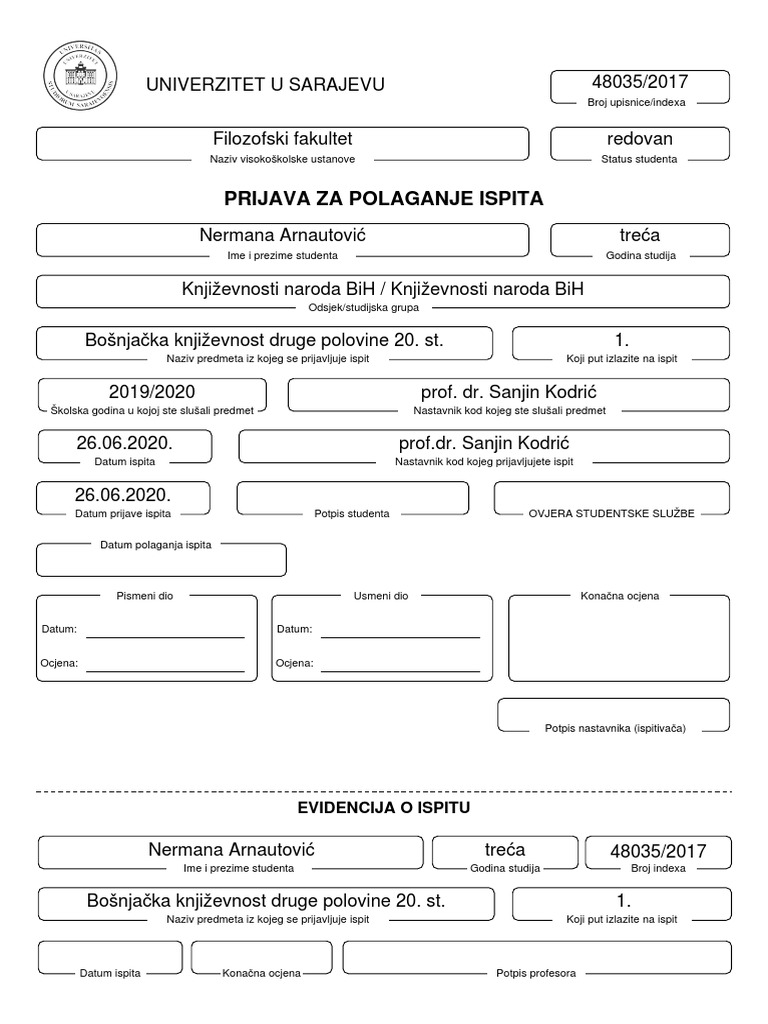 Prijava Za Polaganje Ispita: Evidencija O Ispitu | PDF