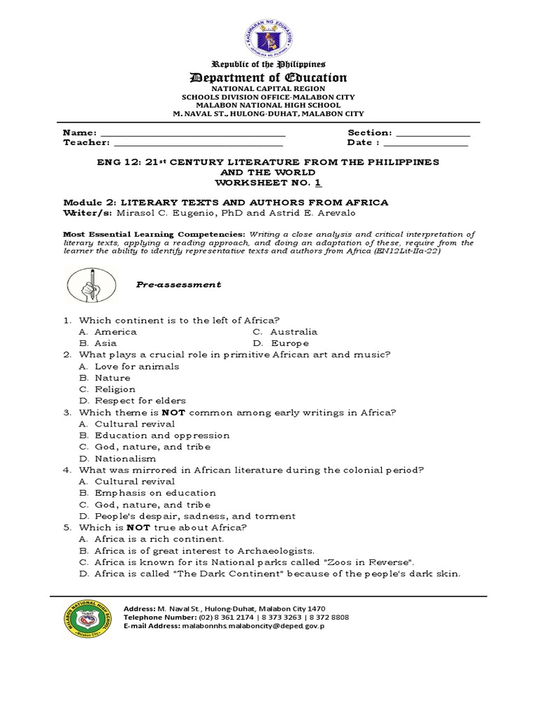 Africa Literary Texts and Authors Worksheet | PDF | Africa | Slavery