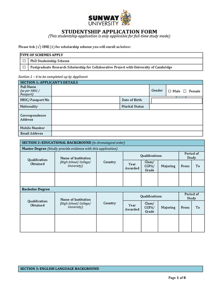 Application for Studentship: A Comprehensive Form for PhD Candidates ...