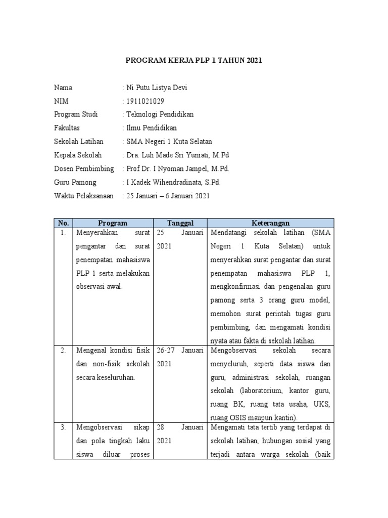 Program Kerja PLP 1 Tahun 2021 - Ni Putu Listya Devi | PDF