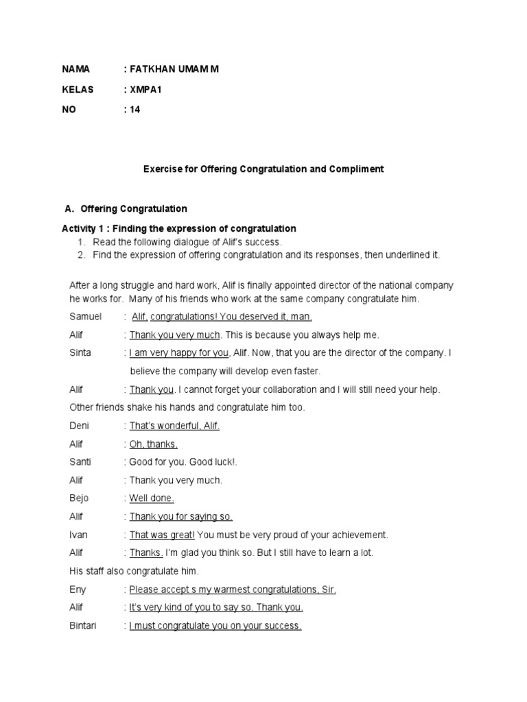 Exercise of Offering Congratulation and Compliment | PDF