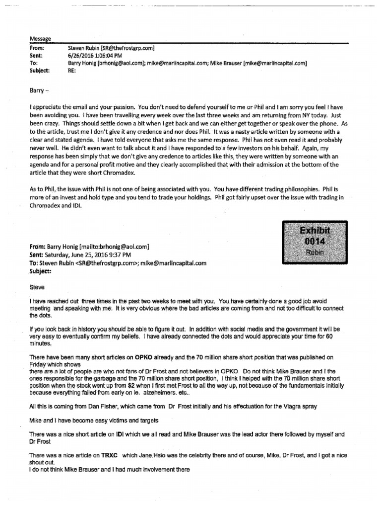 Barry Honig Email To Phil Frost-Steve Rubin June 2016 | PDF