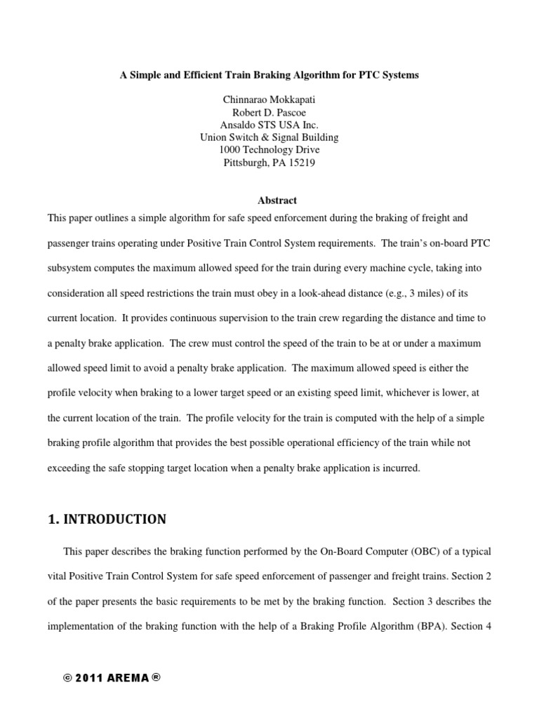 Simple and Efficient Train Braking Algorithm For PTC Systems | Download ...