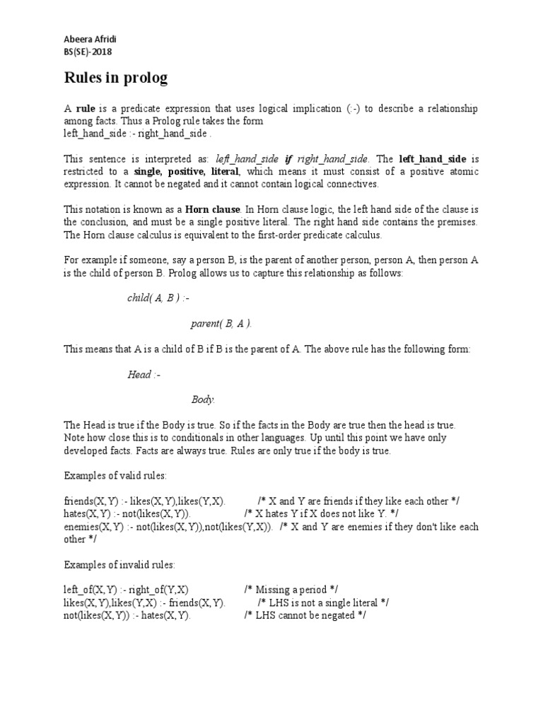 Rules in Prolog: Abeera Afridi BS (SE) - 2018 | PDF | First Order Logic | Theoretical Computer ...