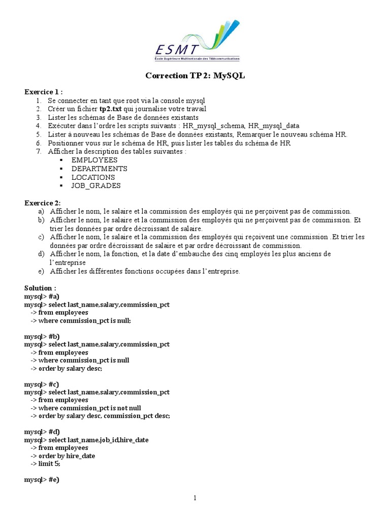 Correction TP MySQL: Exercices et Solutions | PDF | Bases de données ...