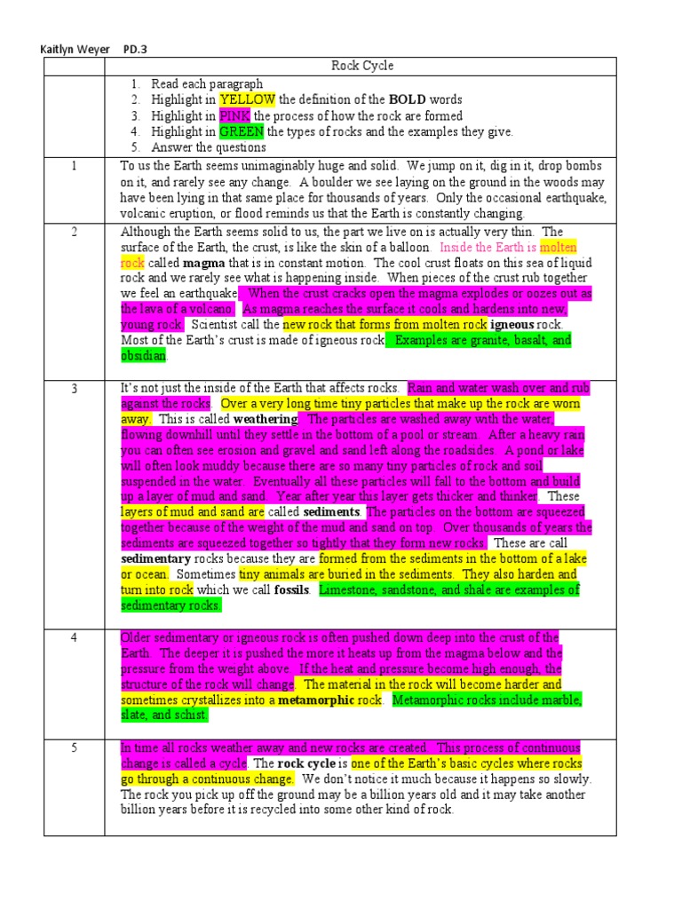 Rock Cycle Guide for Students | PDF | Rock (Geology) | Sedimentary Rock