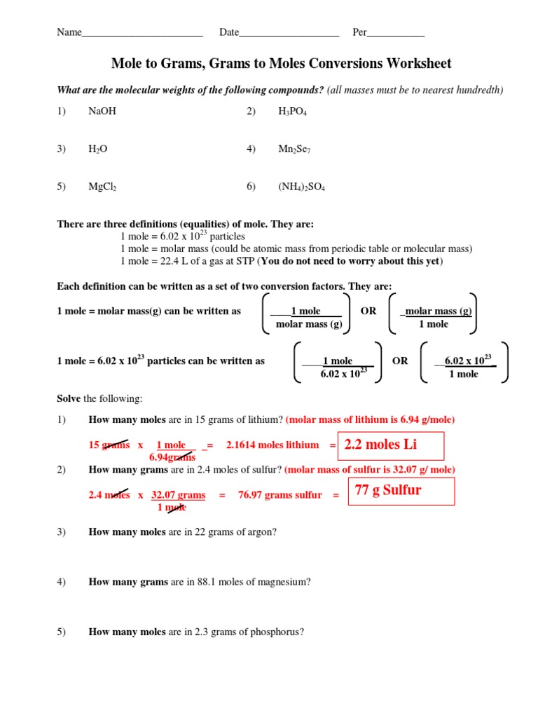Chemistry Mole Calculations Worksheet | Download Free PDF | Mole (Unit ...