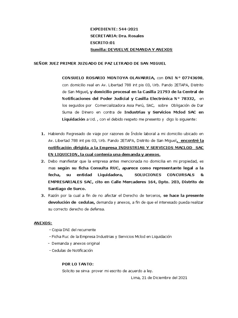 Escrito Devolucion | PDF