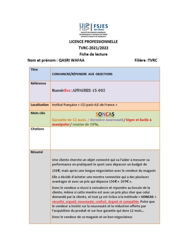 Fiche de Lecture La Methode Soncas | PDF | Évolution de carrière | Affaires