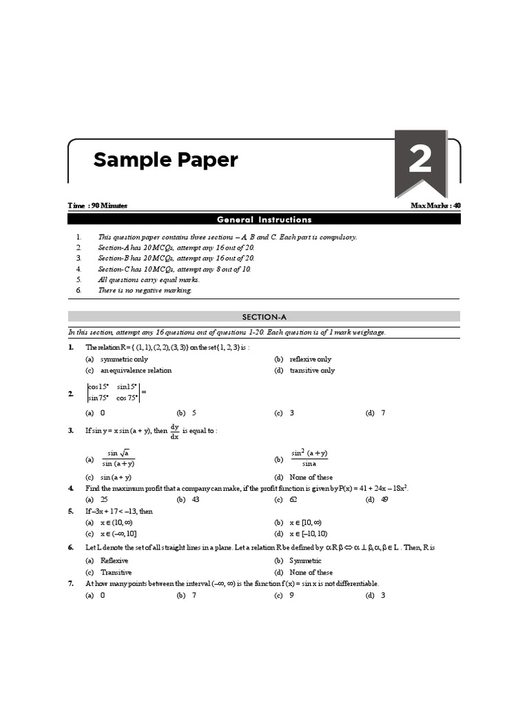 Math MCQ Sample Paper for Exam Prep | PDF | Function (Mathematics ...