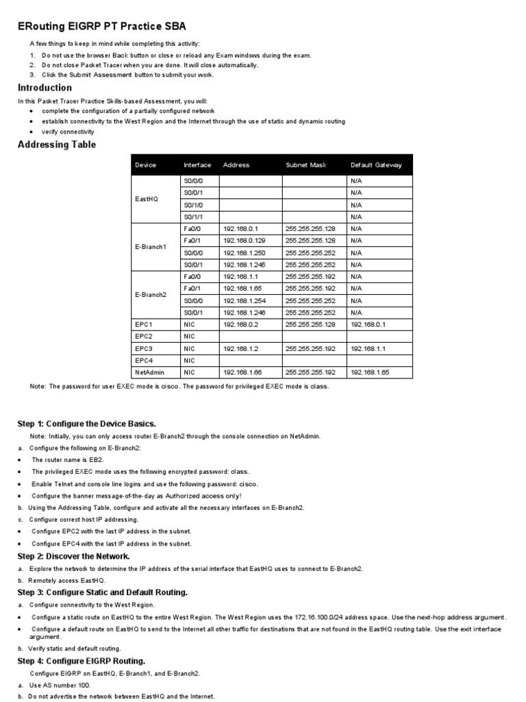Erouting Eigrp PT Practice Sba: Device Interface Address Subnet Mask Default Gateway | PDF