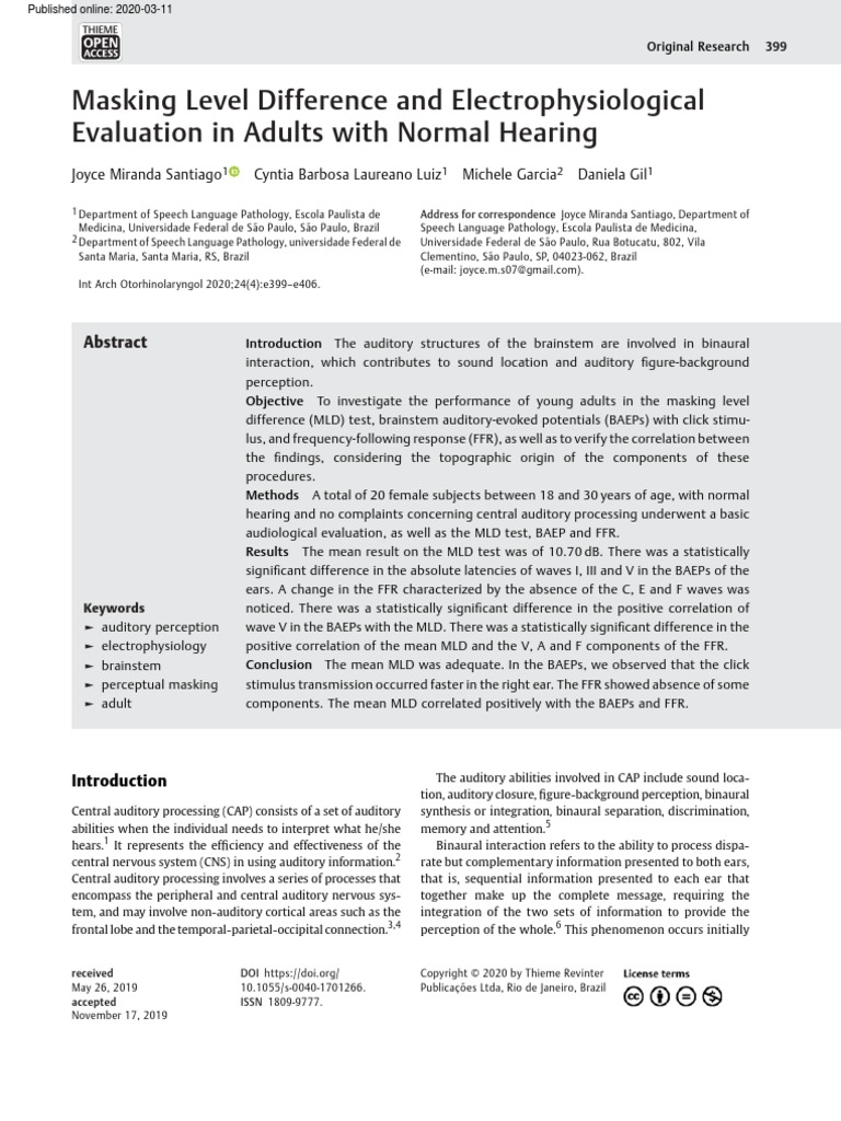 Masking Level Difference and Electrophysiological | PDF | Auditory ...