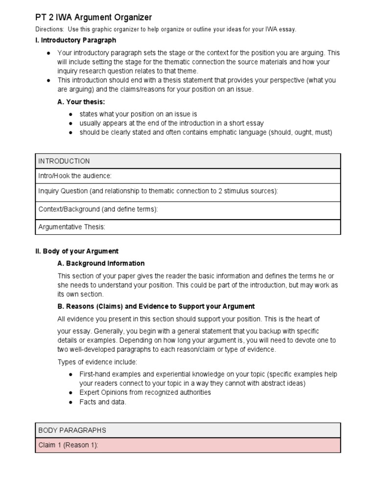 IWA Outline Argument Organizer 2019 | PDF | Essays | Argument