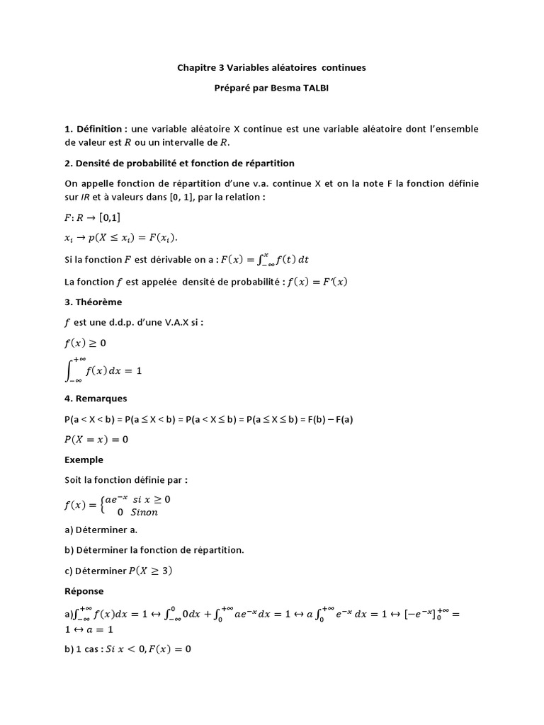 Variables Aléatoires Continues | PDF | Variable aléatoire à densité | Loi de probabilité
