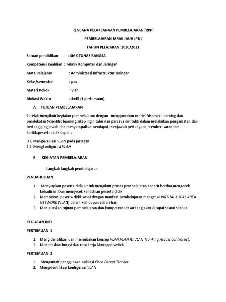 RPP 1 Lembar (Aij) 11 TKJ 2021-2022 | PDF