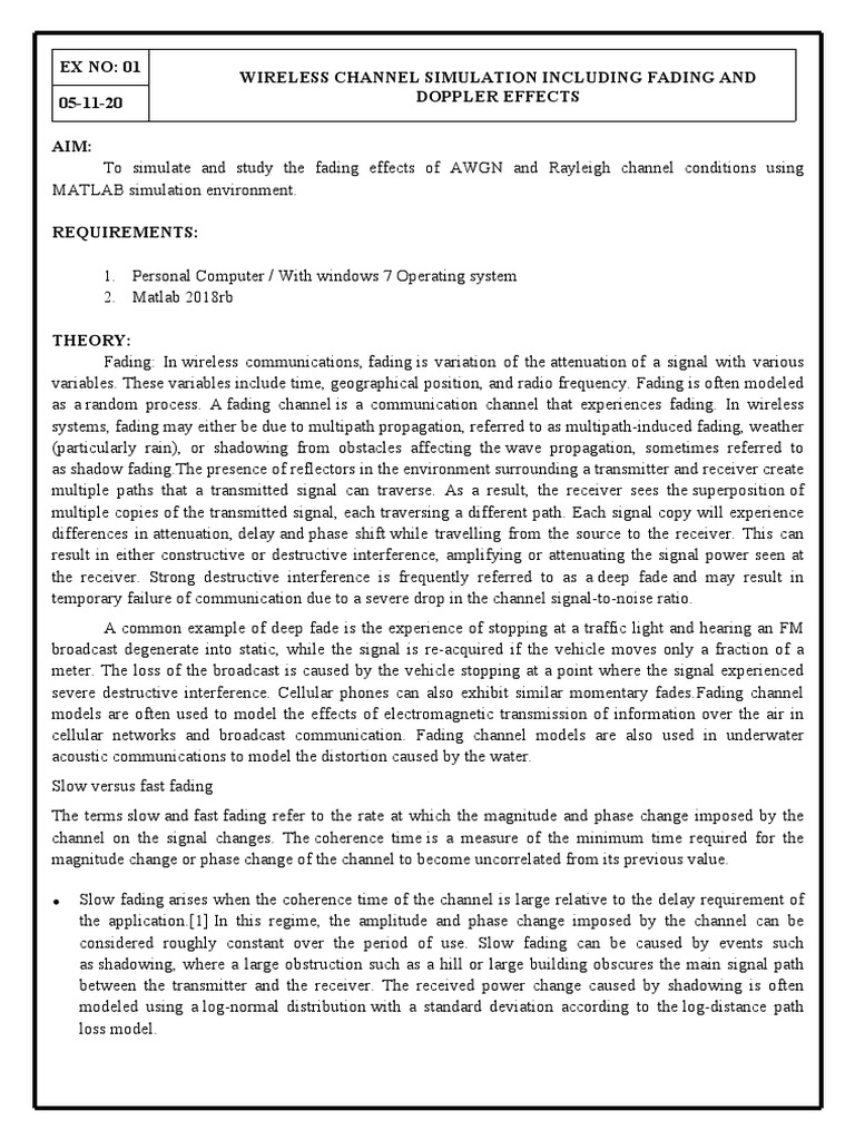 EX NO: 01 Wireless Channel Simulation Including Fading and Doppler ...