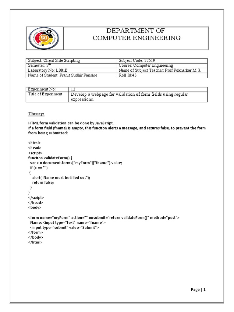 Department of Computer Engineering: Develop A Webpage For Validation of Form Fields Using ...