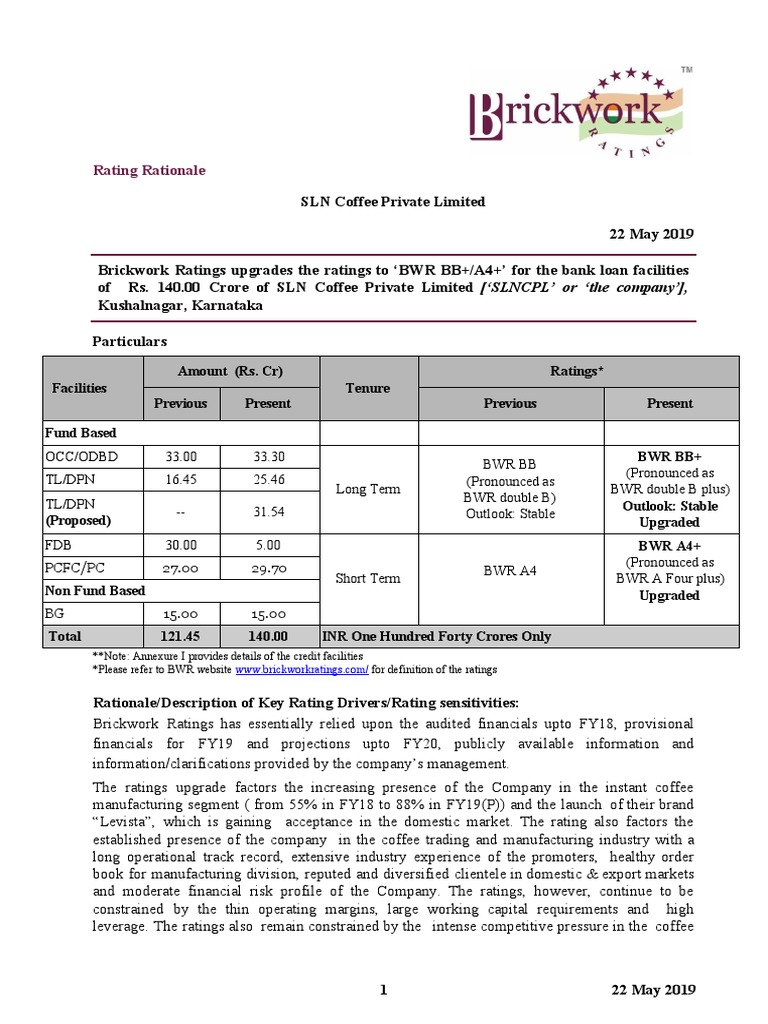 SLN Coffee Pvt. Ltd. Rating Upgrade Report | PDF | Coffee | Foreign ...