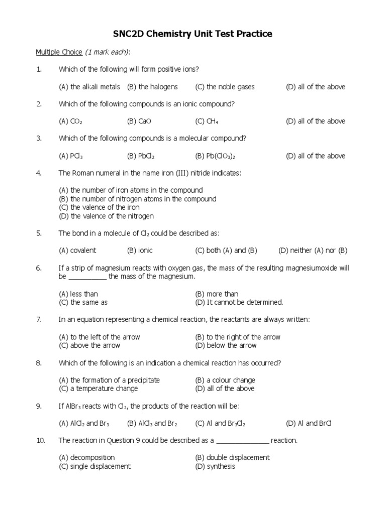 Chemistry Unit Test Practice 2014 | Download Free PDF | Chemical ...