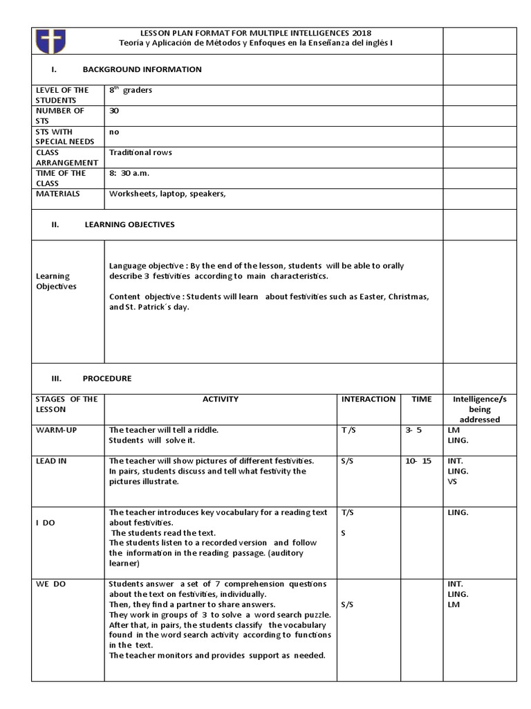 Lesson Plan Format For Multiple Intelligences 2021 | PDF | Lesson Plan ...
