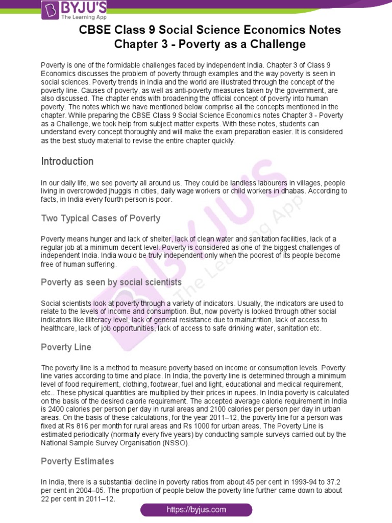 CBSE Class 9 Social Science Economics Notes Chapter 3 - Poverty As A ...