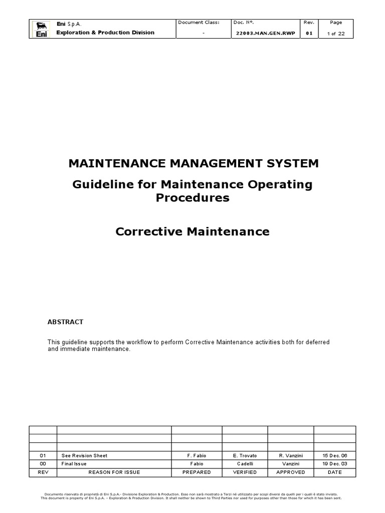 Maintenance Management System Guideline For Maintenance Operating Procedures Corrective ...