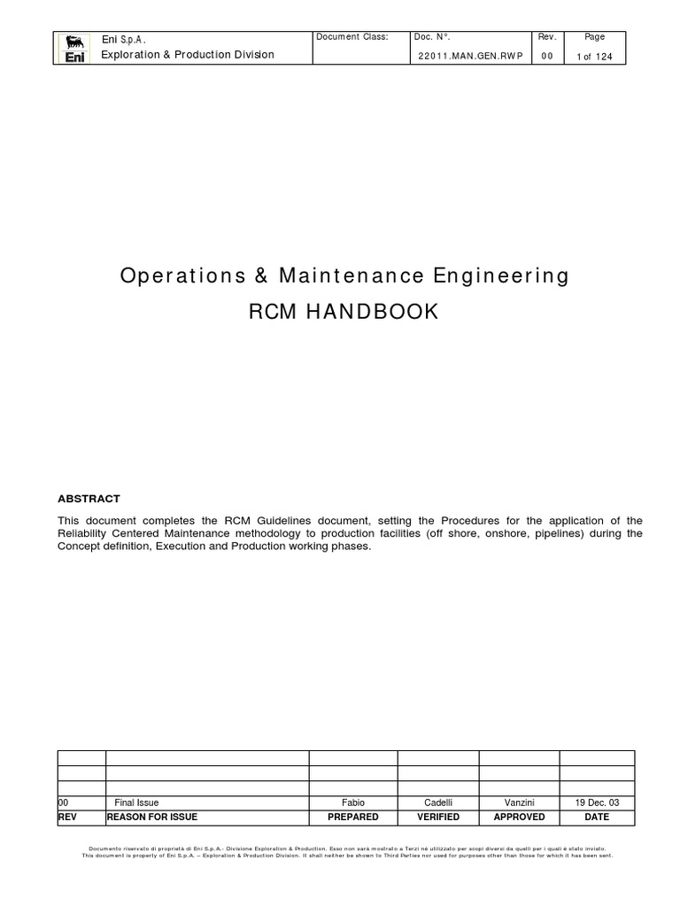 Operations & Maintenance Engineering RCM Handbook: Eni S.p.A ...