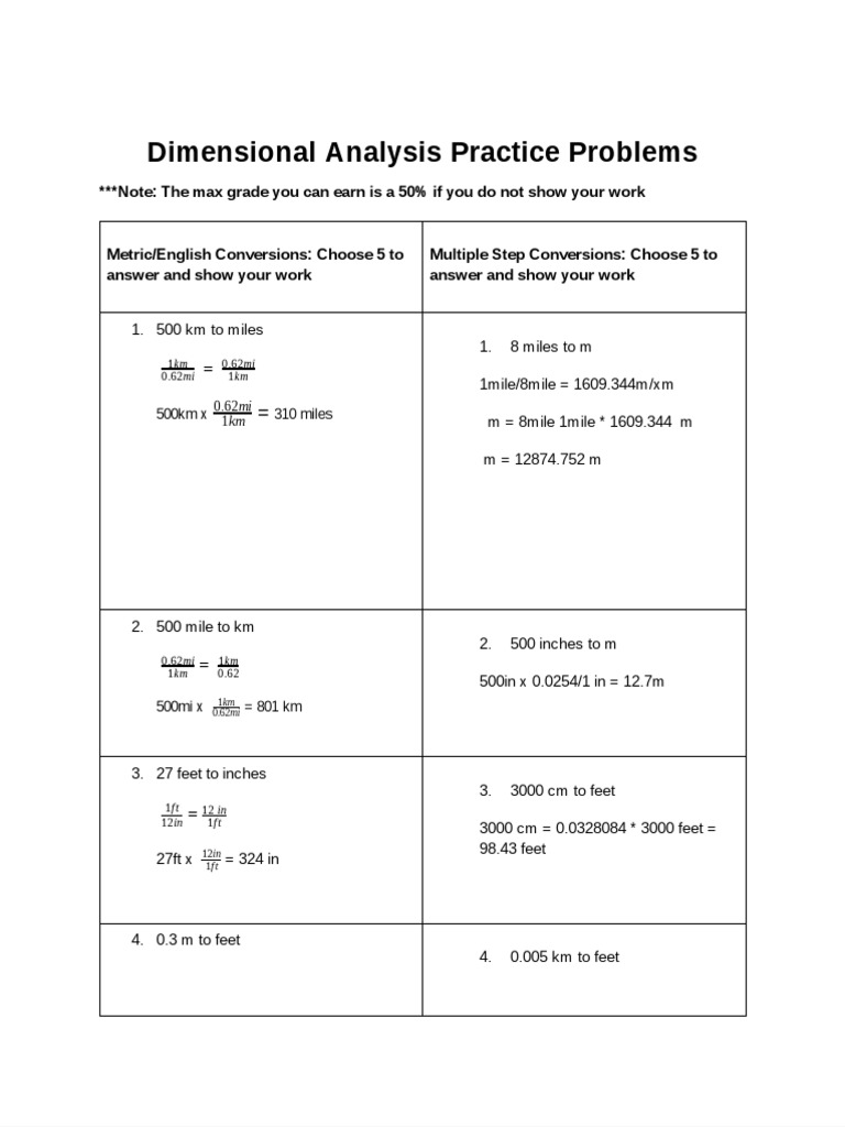 Dimensional Analysis Practice Problems: 500km X 310 Miles 1km 0.62mi | PDF