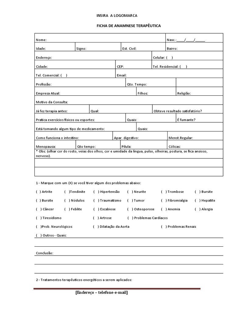 Ficha de Anamnese Terapêutica | PDF | Sistema de saúde | Especialidades médicas