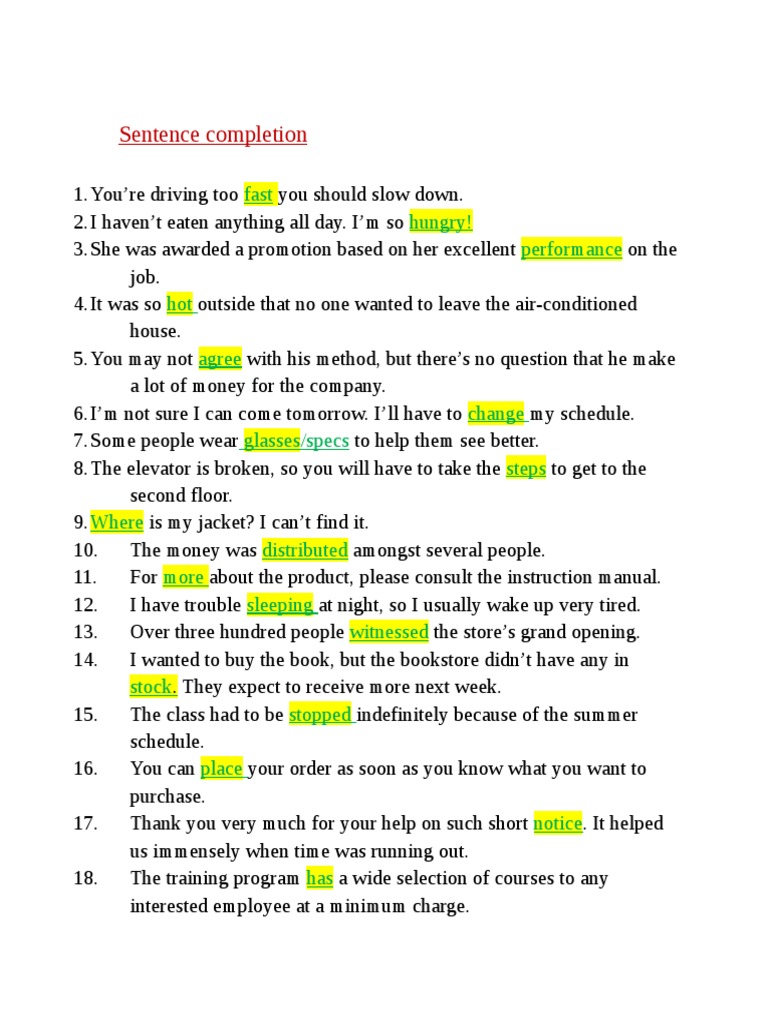 Sentence Completion Answers | PDF | Identity Document