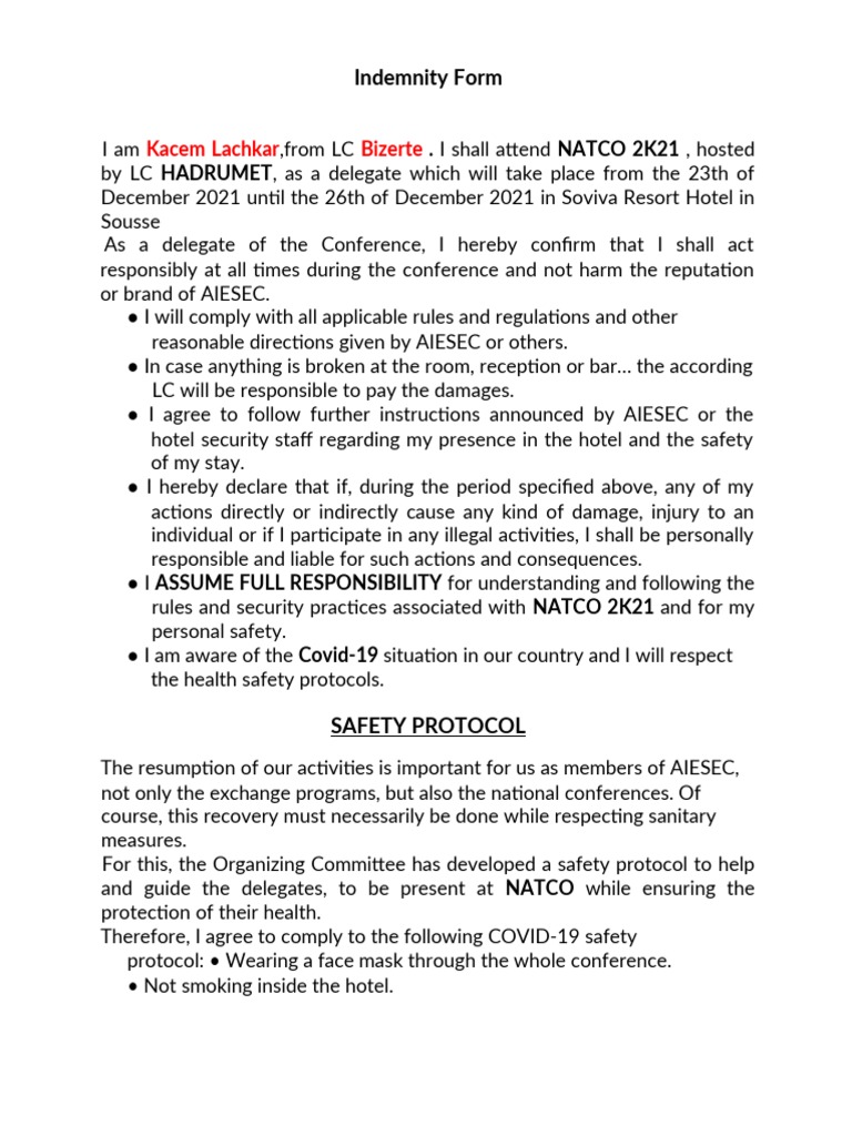 NATCO 2K21 Delegate Indemnity Form | PDF | Business