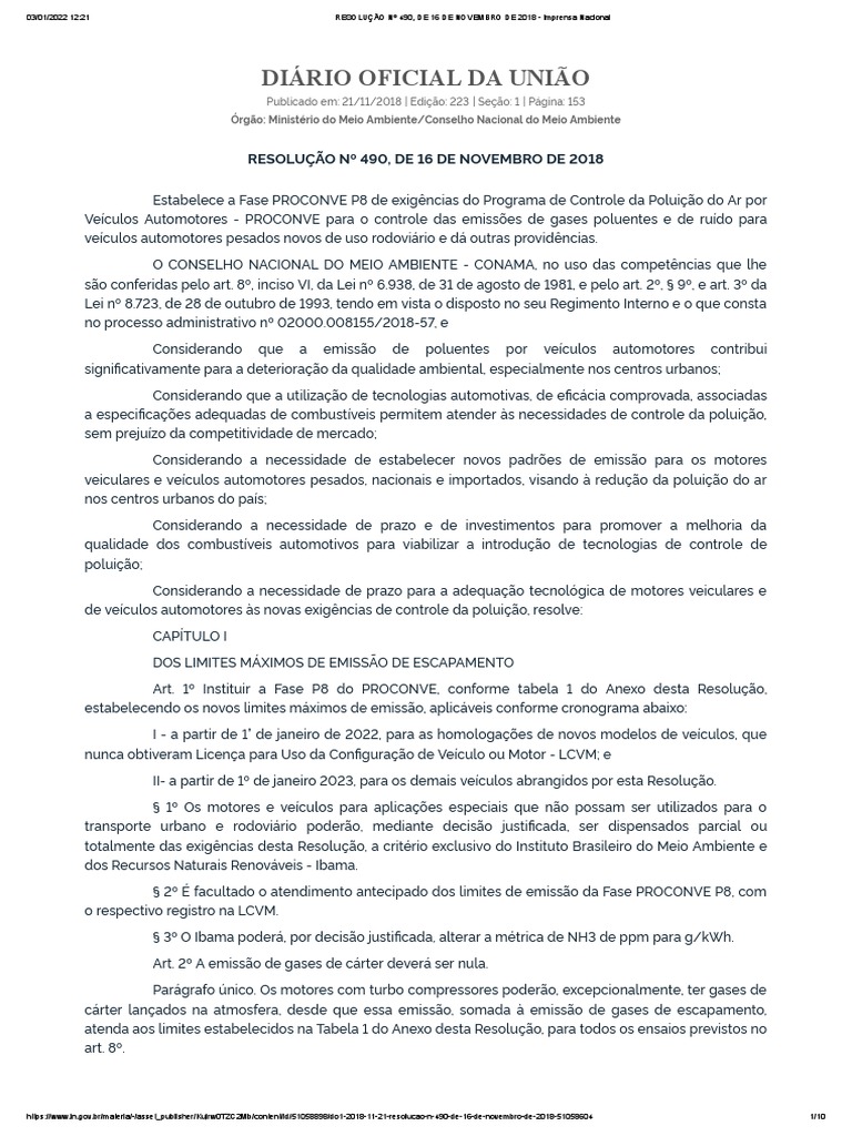 RESOLUÇÃO CONAMA 490 de 2018 - PROCONVE L8 | PDF | Poluição do ar | Diesel