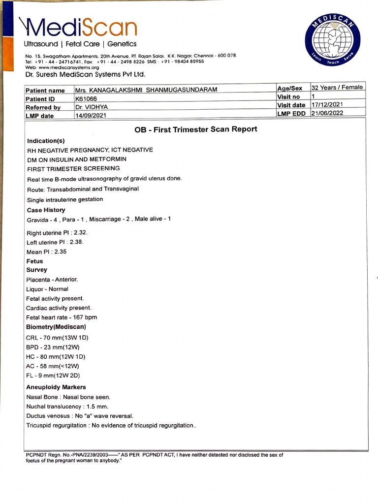"Mediscan: Ob - First Trimester Scan Report | PDF | Pregnancy | Fetus