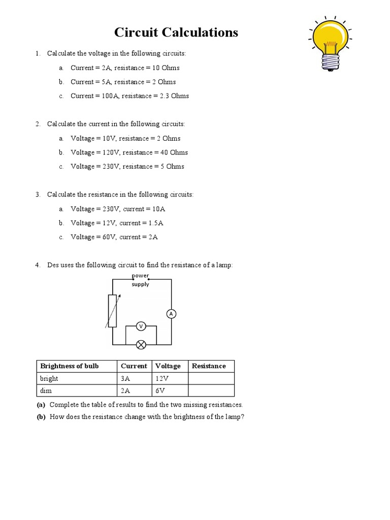 Circuit Calculations: Brightness of Bulb Current Voltage Resistance | PDF