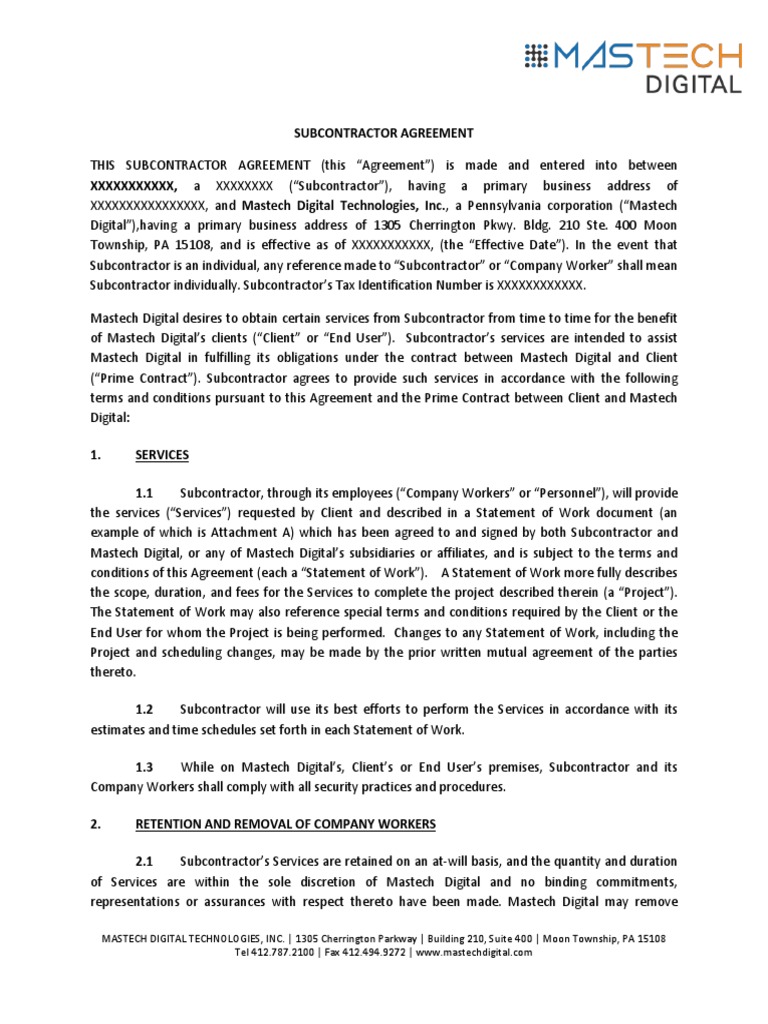 SUBCONTRACTOR AGREEMENT UPDATED - Sample MSA | PDF | Indemnity | Breach ...
