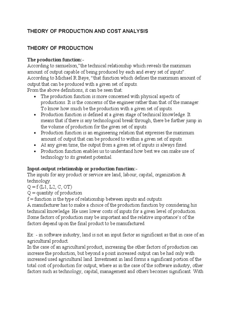 Theory of Production and Cost Analysis Theory of Production The ...