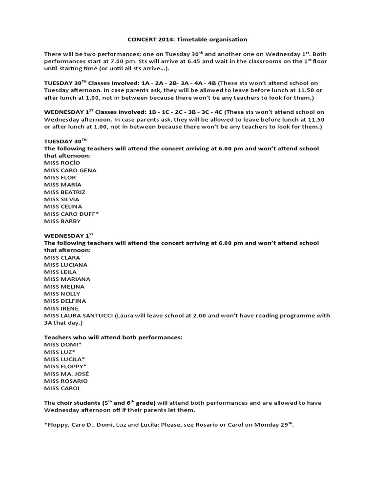 Teachers' Timetable and Organisation For Concert Days | PDF | Art