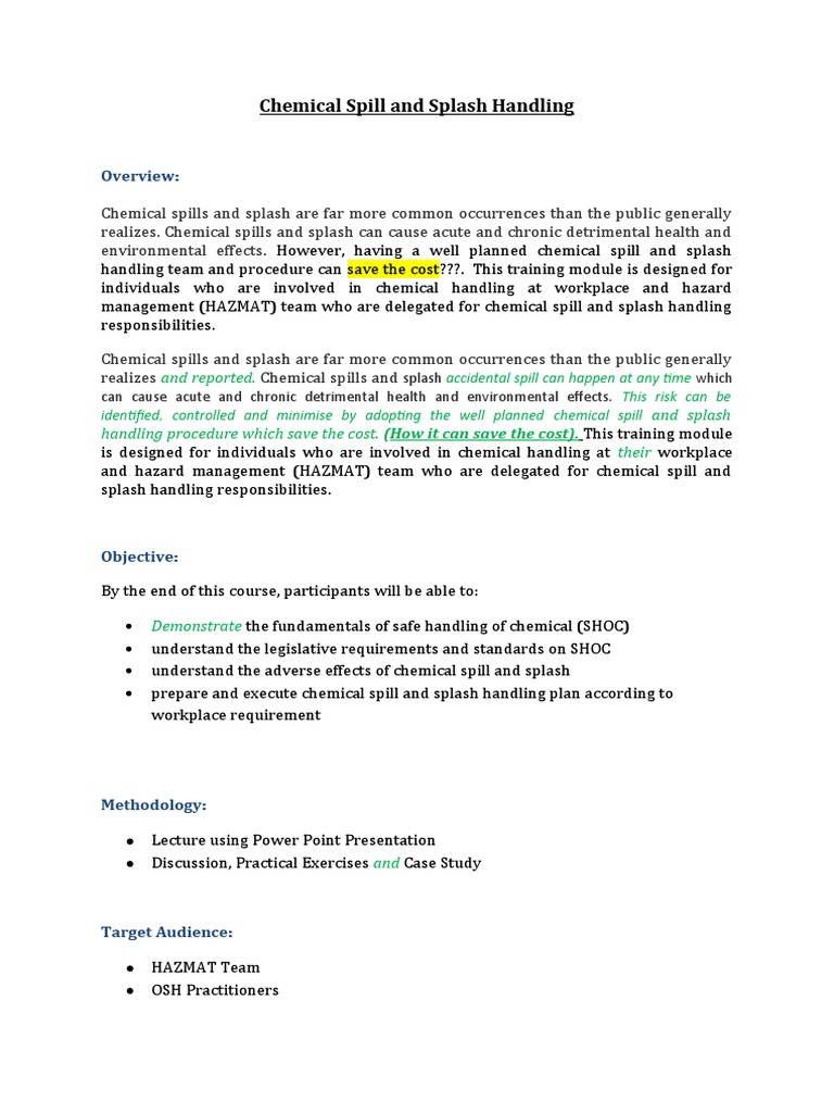 Chemical Spill and Splash Handling Guide | PDF | Dangerous Goods ...
