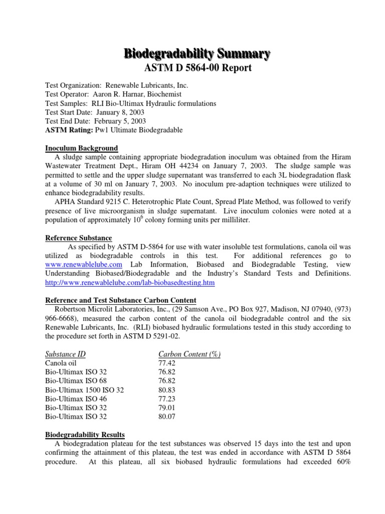 RLI ASTM D 5864 Jan Bio Hydraulic Biodegradable Testing | PDF ...