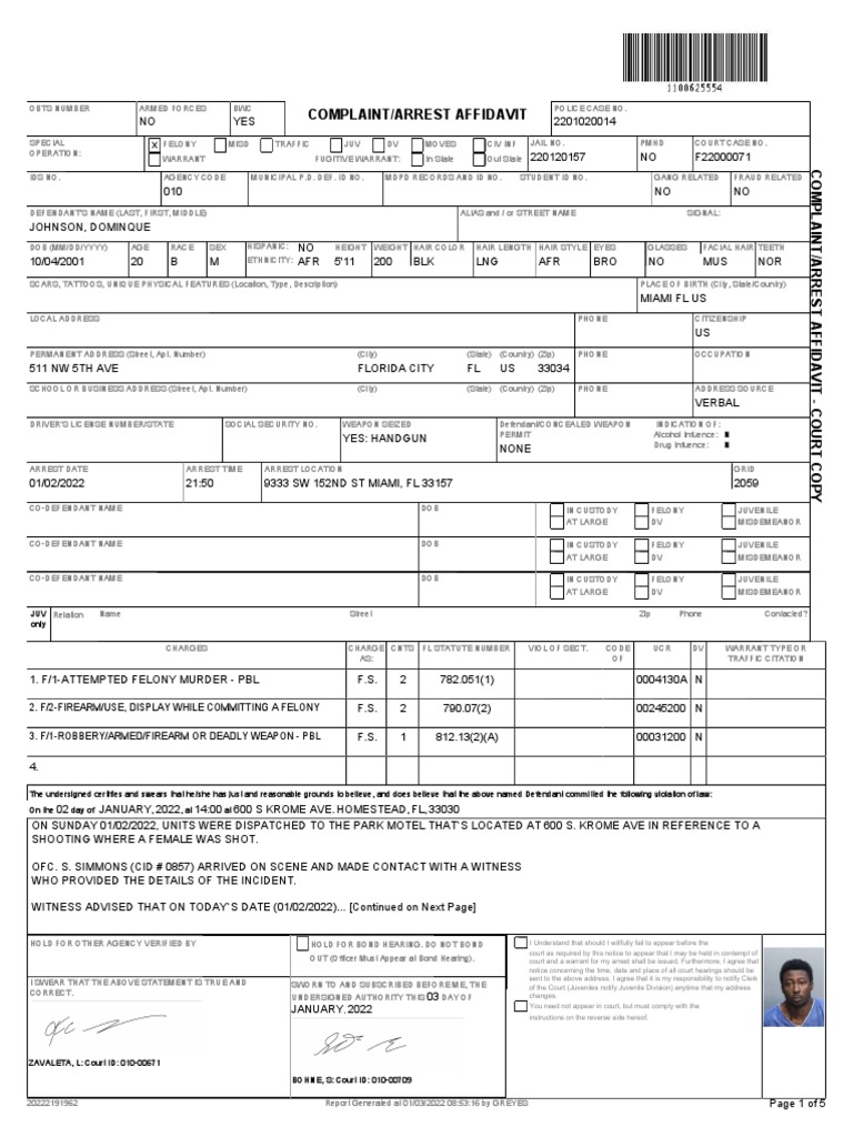 Dominque Johnson Redacted Arrest Affidavit From Homestead Police - Jan ...