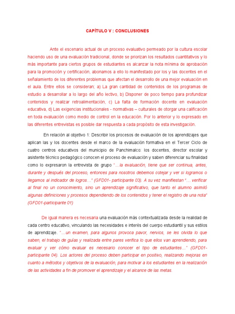 CAPITULO V Conclusiones | PDF | Evaluación | Aprendizaje