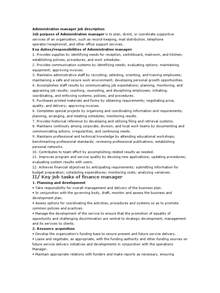 Administrative Manager Job Description | PDF | Business | Employment