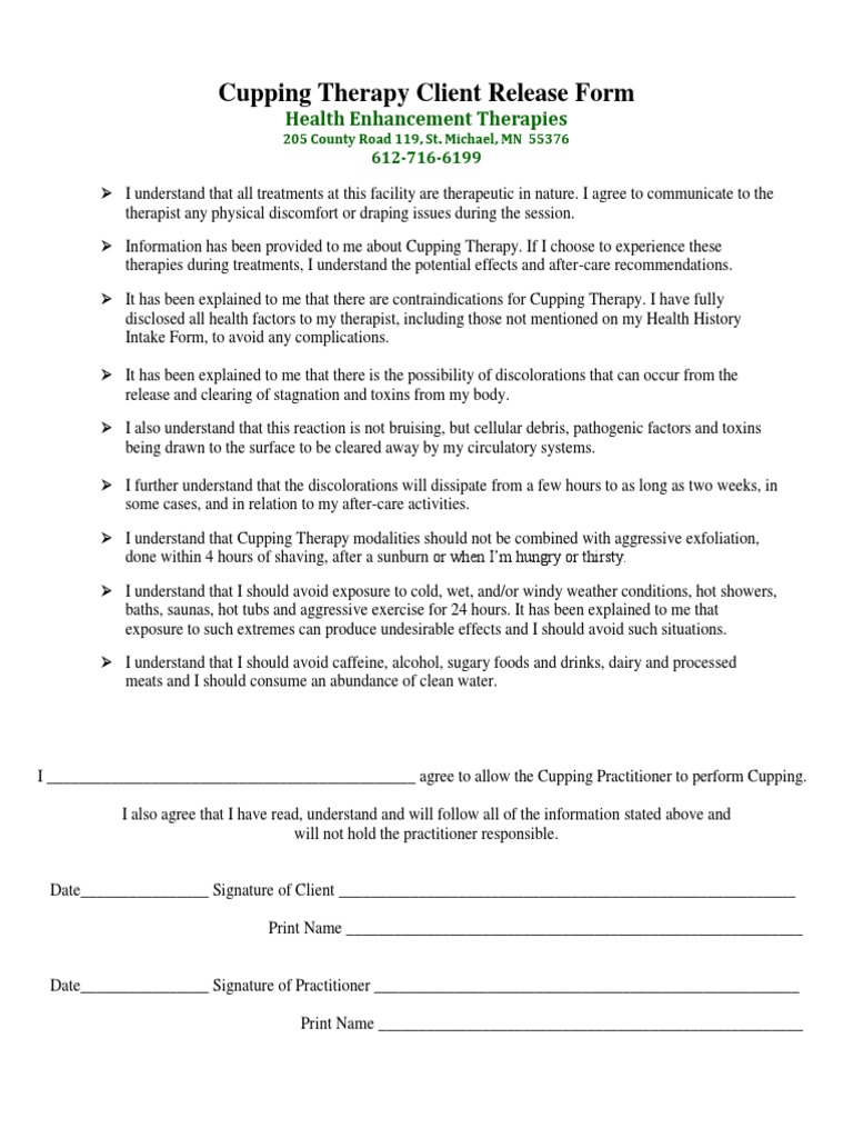 Cupping Therapy Client Release Form: Health Enhancement Therapies ...