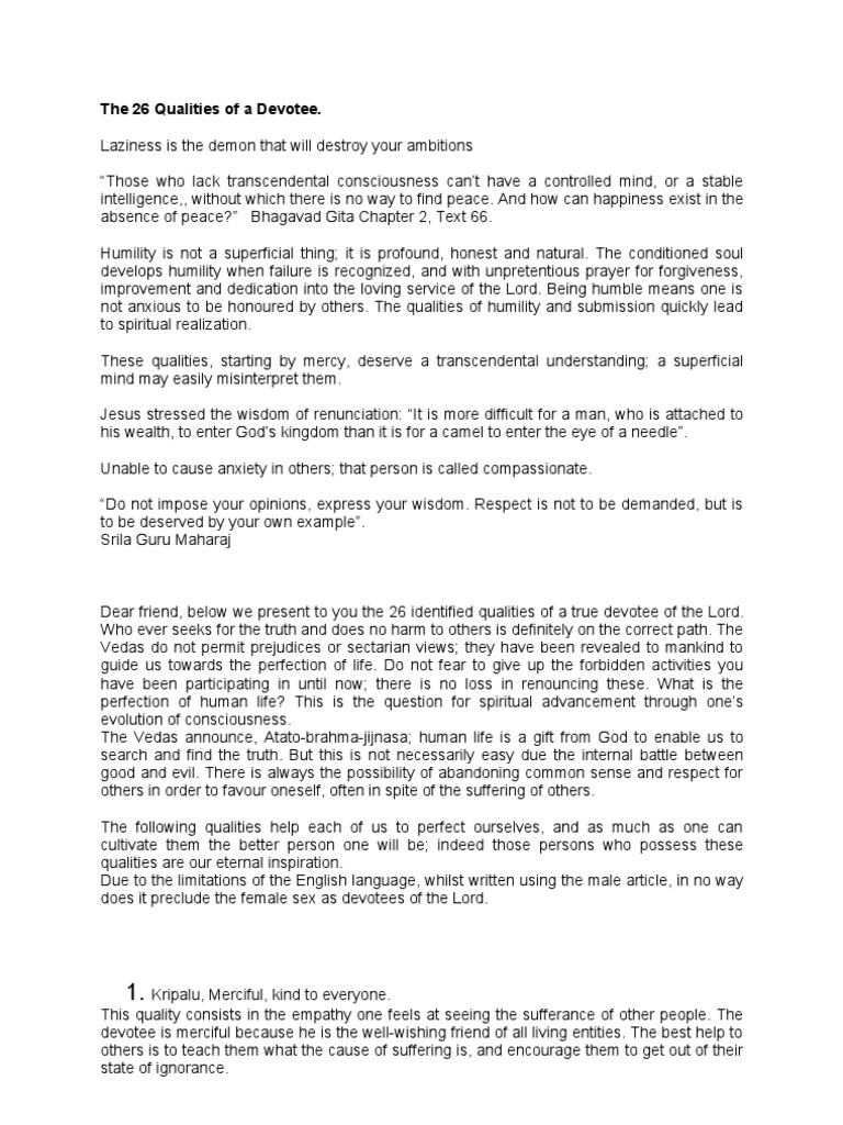 26 Qualities of a True Devotee | PDF | Humility | Compassion