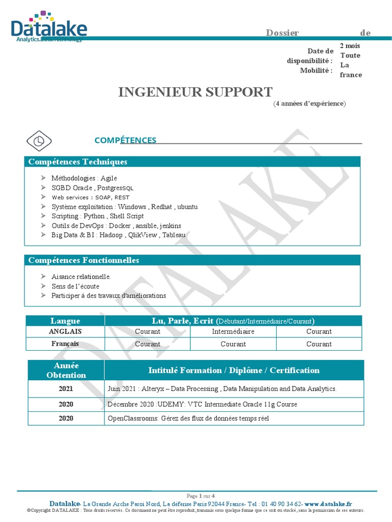 Template CV Datalake | PDF | Bases de données | Cloud computing Template CV Datalake | PDF | Bases de données | Cloud computing