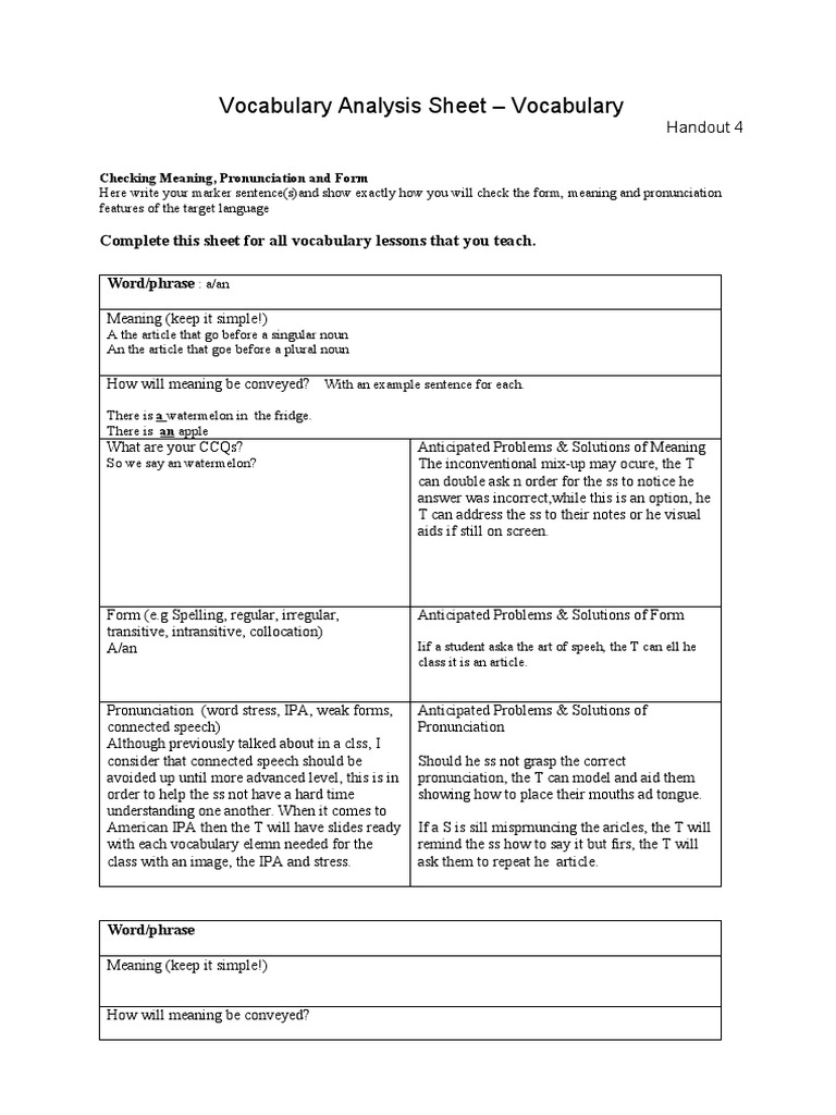 Ian P.S Vocabulary Analysis Sheet HHO 4 | PDF | Speech | Syntax