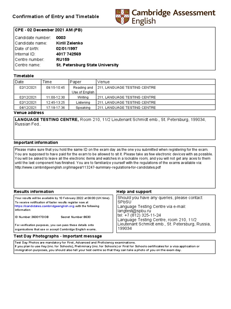 Confirmation of Entry and Timetable | Download Free PDF | Tests ...