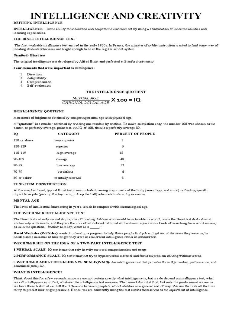 Intelligence and Creativity: Mental Age Chronological Age | PDF ...