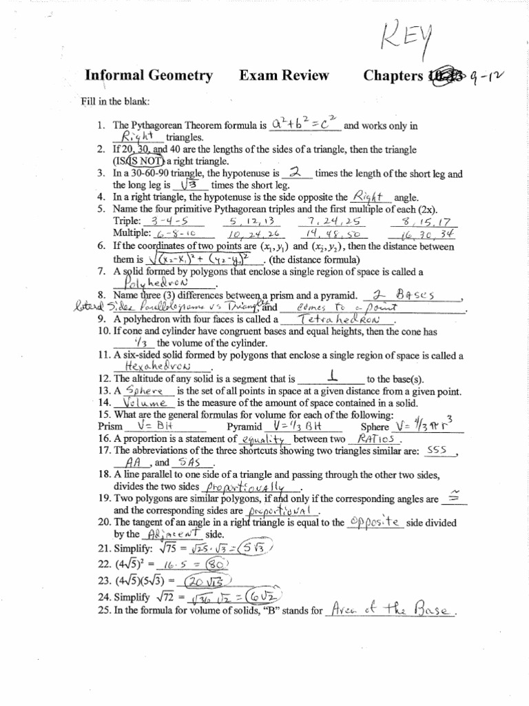 Final Exam Review Chapters 9-12 Answer Key | Triangle | Euclidean Geometry